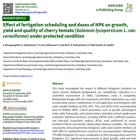 Effect Of Fertigation Scheduling And Doses Of Npk On Growth Yield And Quality Of Cherry Tomato