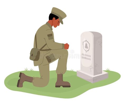 Military Black Ethnic Soldier On One Knee In Front Of Grave Memorial