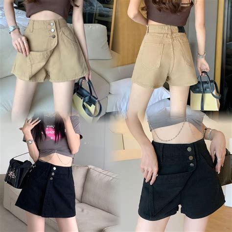 Swan Shop พร้อมส่ง กางเกงกระโปรงยีนส์เอวสูงทรงเอ มีสองสีให้เลือก สไตล์