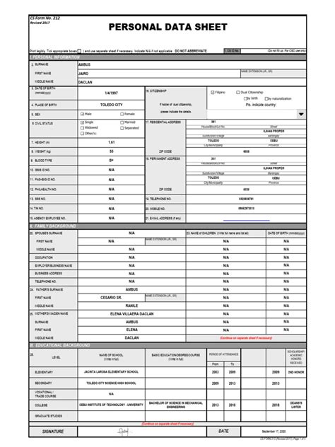 Cs Form No 212 Personal Data Sheet Revised Pdf