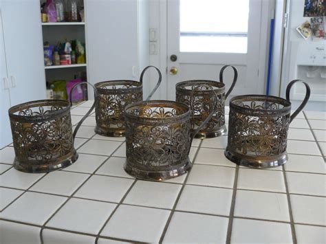 Silverplate Filigree Russian Tea Glass Holders Antiques Board
