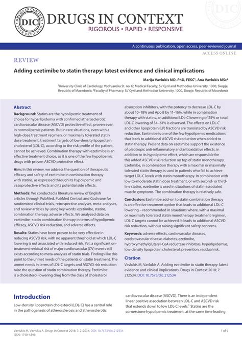 Pdf Adding Ezetimibe To Statin Therapy Latest Evidence And Clinical