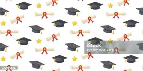 졸업 패턴 흰색 배경에 검은 색 졸업 모자 졸업장 금색 별 빨간 리본이 달린 완벽 한 패턴입니다 개념에 대한 스톡 벡터 아트 및 기타 이미지 Istock