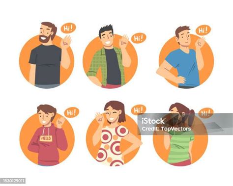 인사말과 손 인사말 제스처 벡터 일러스트레이션 세트를 보여주는 사람들 캐릭터 미소에 대한 스톡 벡터 아트 및 기타 이미지
