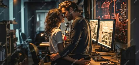 Premium Photo A Man And A Woman Programmers Kissing In Front Of A Computer Couple In Love