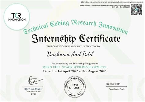 Vaishnavi Patil On Linkedin Internshipcompletion Certificate Tcrinnovation Fullstack