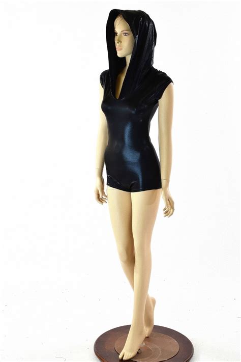Black Mystique Metallic Cap Sleeve Hoodie Romper Wblack Zen Hood Liner