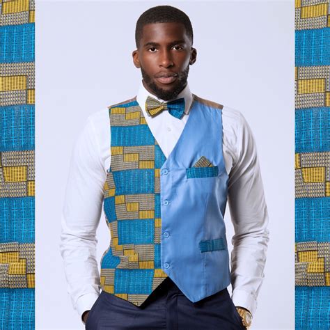 Kael African Print Kente Mens Fit Suit Vest Blue And Gold African