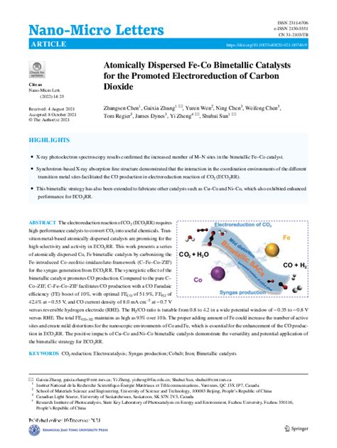 Pdf Atomically Dispersed Fe Co Bimetallic Catalysts For The Promoted Electroreduction Of