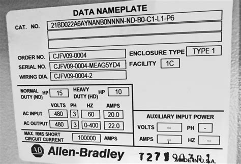 Used Allen Bradley 21bd022a6aynanb0nnnn Nd B0 C1 L1 P6 15 Hp Powerflex