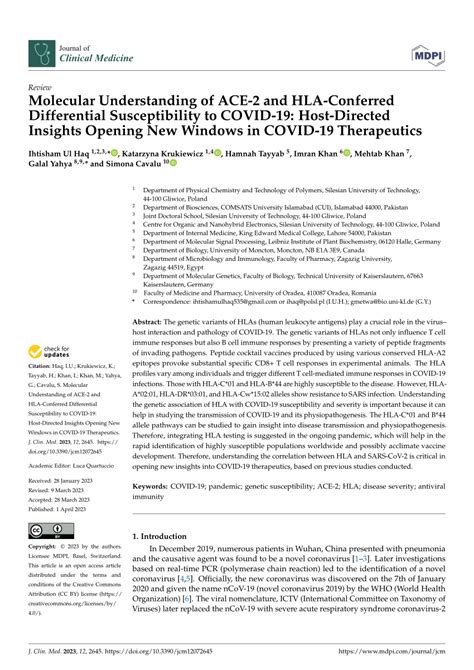 Pdf Molecular Understanding Of Ace 2 And Hla Conferred Differential