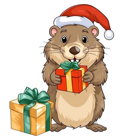 크리스마스 시간에 현재 코이푸 또는 뉴트리아 캐릭터의 만화 그림 재미있는 크리스마스 재미있는 산타 귀여운 산타 Png 일러스트 및 이미지 에 대한 무료 다운로드