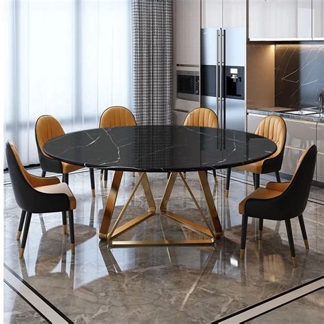 Black Modern Round Marble Dining Table With Stainless Steel Base