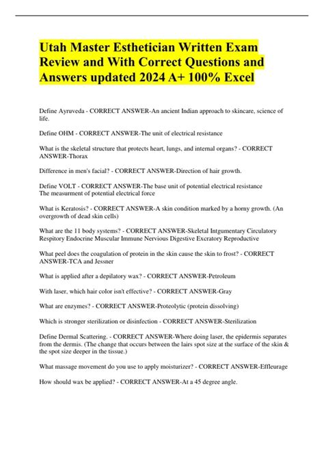 Utah Master Esthetician Written Exam Review And With Correct Questions