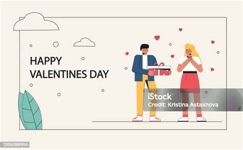 해피 발렌타인 데이의 축제에 대한 문자 사랑에 부부의 벡터 그림 젊은 남자는 귀여운 여자에게 선물 상자를 제공합니다 배너 전단지 포스터 방문 페이지 인사말 카드를 사용할 수
