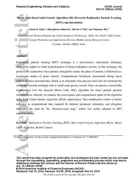 Pdf Monte Carlo Real Coded Genetic Algorithm Mc‐rga For Radioactive Particle Tracking Rpt