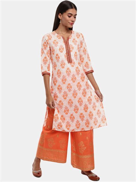 Buy V Mart Women White And Orange Ethnic Motifs Printed Kurta Kurtas