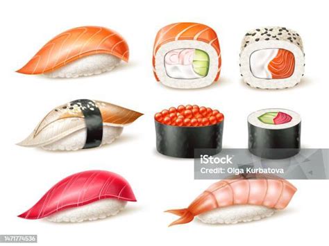 현실적인 초밥 신선한 생선 야채 및 해산물 김 해초로 싸인 쌀 3d 격리 롤 연어 새우 및 캐비아 아시아 스낵 Utter 벡터 세트로 일본 전통 음식 3차원 형태에 대한