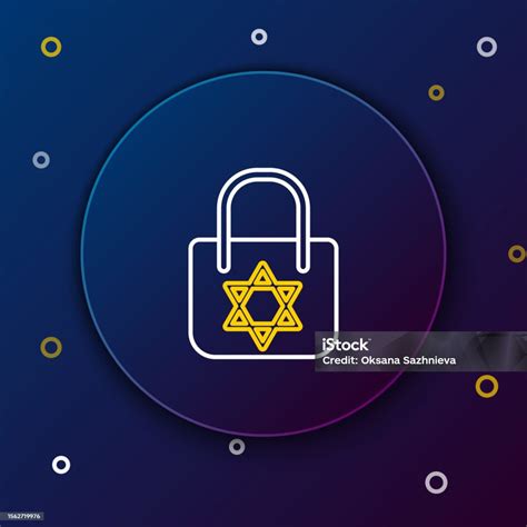 흰색과 노란색 라인 쇼핑백은 진한 파란색 배경에 분리된 다윗의 별 아이콘입니다 패키지 기호 다채로운 개요 개념입니다 벡터 일러스트레이션 가방에 대한 스톡 벡터 아트 및 기타