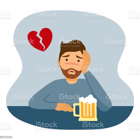 평평한 디자인의 술집에서 맥주를 마시는 깨진 심장 남자 남자는 그의 여자 친구와 이별 후 상처를 느낀다 고독 개념에 대한 스톡