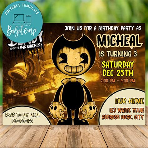 Editable Bendy And The Ink Machine Birthday Invitations Diy Bobotemp