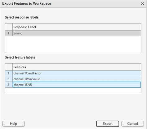 export labeled signal sets and features matlab and simulink