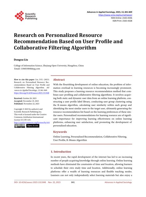 Pdf Research On Personalized Resource Recommendation Based On User Profile And Collaborative