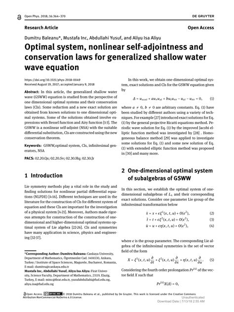 Pdf Optimal System Nonlinear Self Adjointness And Conservation Laws For Generalized Shallow