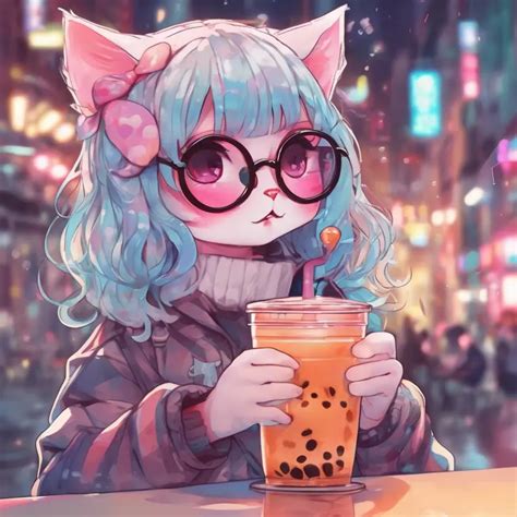 Kawaii Kitten With Glasses And Bubble Tea Design —