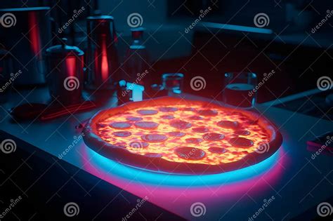Glowing Neon Pizza On Table Neural Network Generated Art Stock Illustration Illustration Of