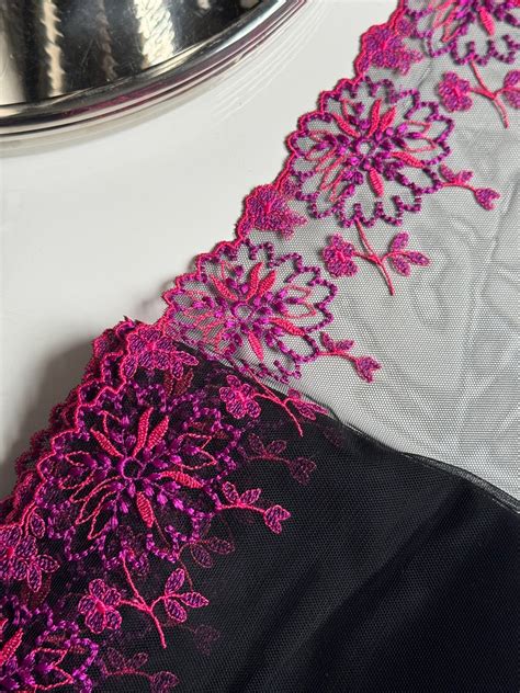 Pink Purple Fuschia Floral Embroidered Lace Trim 820cm Black Mesh