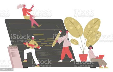 창의적인 글쓰기 개념 작가 언론인 또는 프리랜서 블로거는 노트북 벡터 일러스트레이션과 함께 텍스트를 작성합니다 전문 스토리텔링 캐릭터 개념에 대한 스톡 벡터 아트 및 기타