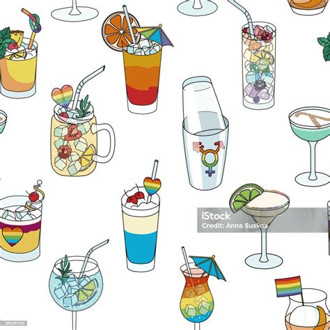 무지개 Lgbt 색상의 바 셰이커와 칵테일로 완벽한 패턴 게이 바 다양성 프라이드 파티 초대장 카드 또는 스티커 흰색 배경에