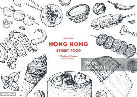 香港街頭食品框架中餐功能表設計範本復古手繪素描向量插圖雕刻風格的插圖亞洲街頭食品素描向量圖形及更多中式外賣圖片 中式外賣 餐牌 Egg