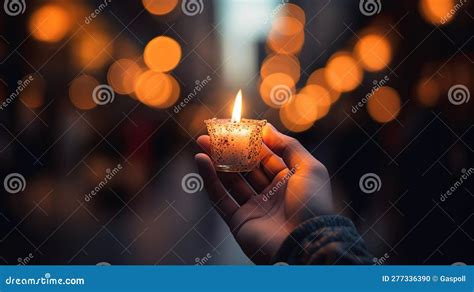 Hands Holding Candle With Shining Flame And Blurry Lights Defocused