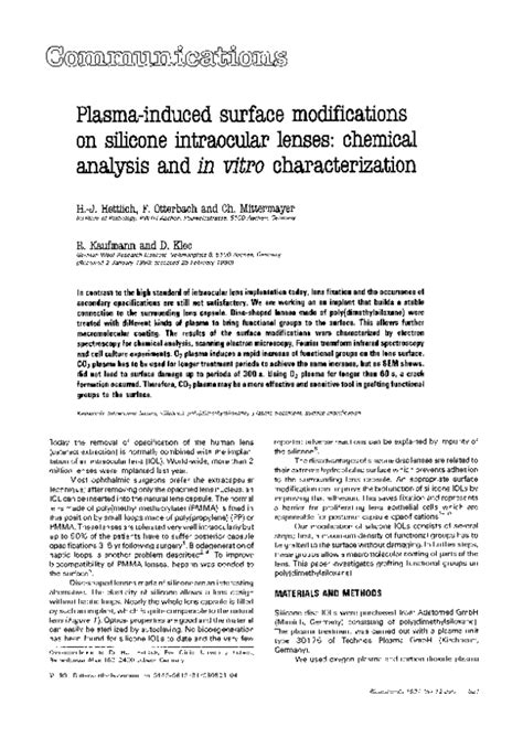 Pdf Plasma Induced Surface Modifications On Silicone Intraocular