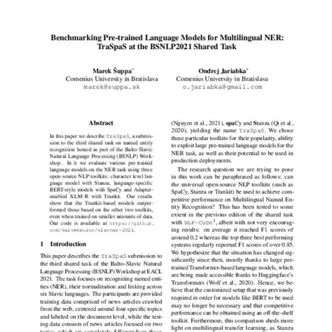 Benchmarking Pre Trained Language Models For Multilingual Ner Traspas At The Bsnlp2021 Shared