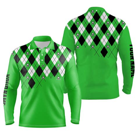 Mens Golf Polo Shirt Plus Size Green Argyle Plaid Golf Skull Pattern C