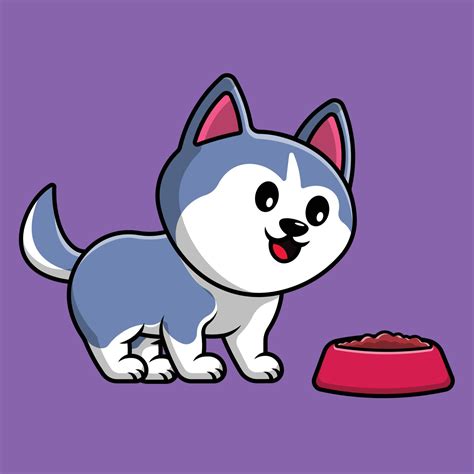söt husky hund äter hundmat tecknad vektor ikonillustration djurfoder