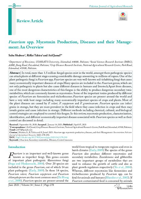 Pdf Fusarium Spp Mycotoxin Production Diseases And Their Management