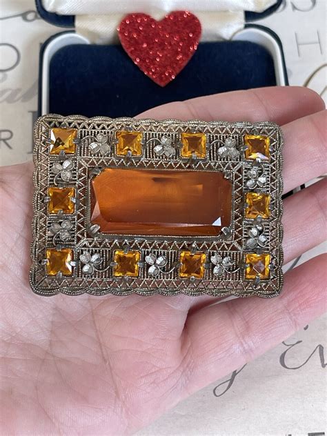 Antique Brooch Art Deco Vintage 1920 40s Brown Large Gem