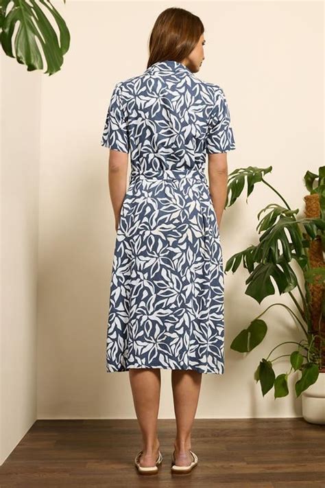 Mandco Navy Blue Abstract Print Linen Shirt Dress Mandco