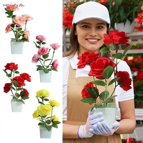 Umisty Rose ดอกไม ้ บอนไซ พืชปลอมเดสก ์ ท ็ อปพลาสติก Potted ตกแต ่