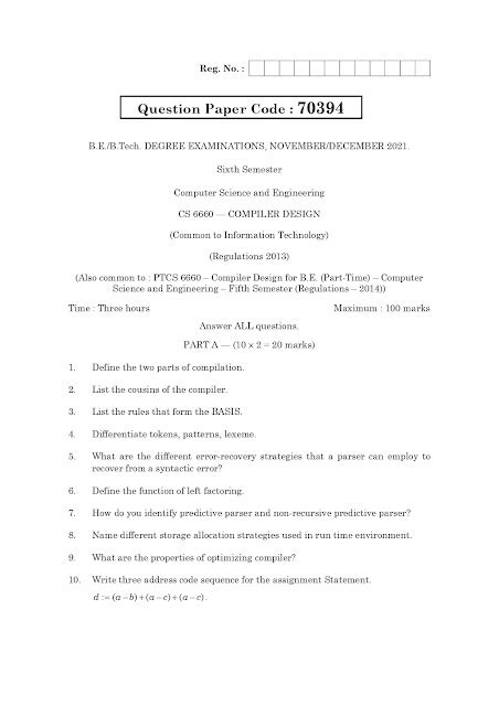 Anna University Cs 6660 — Compiler Design For Computer Science And