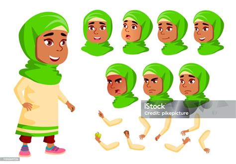아랍 이슬람 여자 아이 아이 십 대 벡터 밝은 눈동자 감정 다양 한 제스처를 얼굴 애니메이션 만들기 세트입니다 플랫 만화 캐릭터