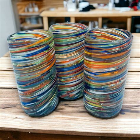 Colorful Hand Blown Tumbler Confetti Swirl Mexican Drinking Glass