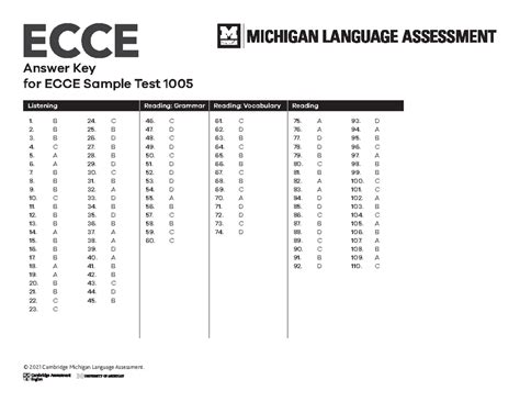 Ecce Sample Test 1005 Answer Key Listening Reading Grammar Reading Vocabulary Reading 1 B 2