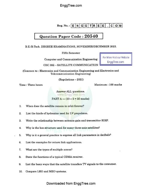 Cec352 Satellite Communication Nov Dec 2023 Question Paper Download Pdf