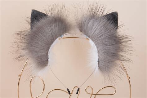 Gray And White Faux Fur Fox Tail Plug And Ear Wolf Tail Buttplug And E