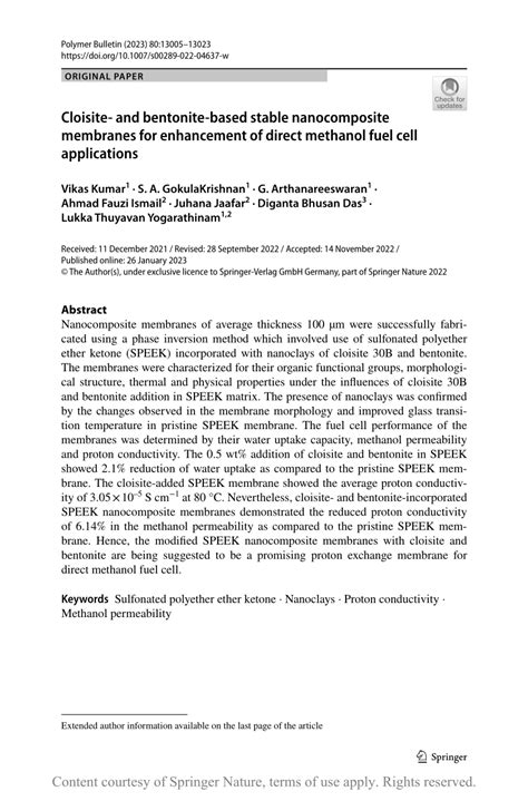 Cloisite And Bentonite Based Stable Nanocomposite Membranes For